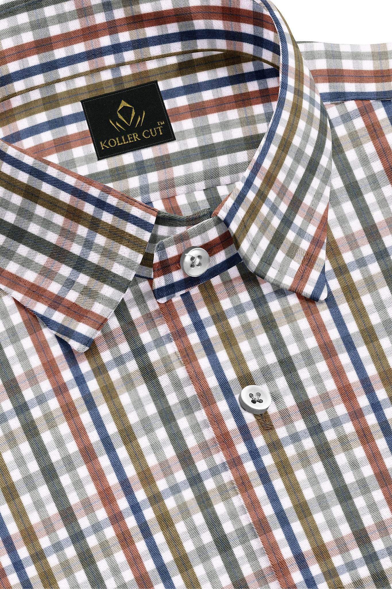 White with Gothic Olive Green and Brick Red Multicolored Checks Cotton ...